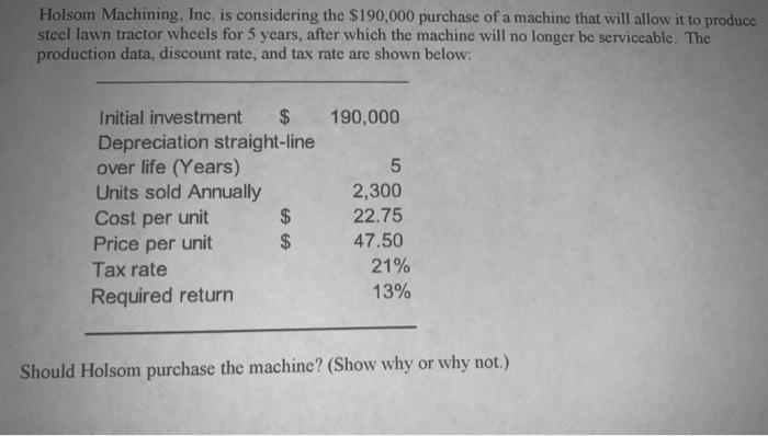 Solved Should Holsom purchase the machine? show why or why | Chegg.com