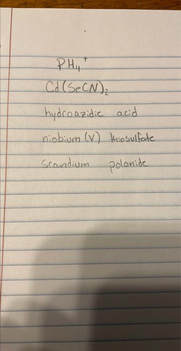 Solved PH4+Cd(SeCN)2 hydroazidic acid niobium (V) | Chegg.com
