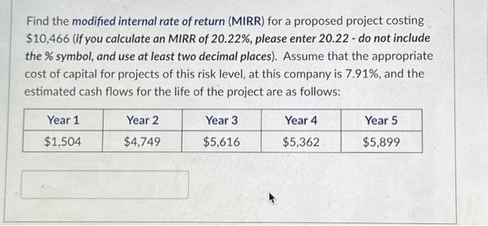 Solved Find the modified internal rate of return (MIRR) for | Chegg.com