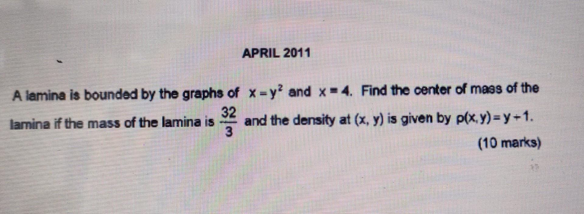 Solved APRIL 2011 32 A lamina is bounded by the graphs of | Chegg.com