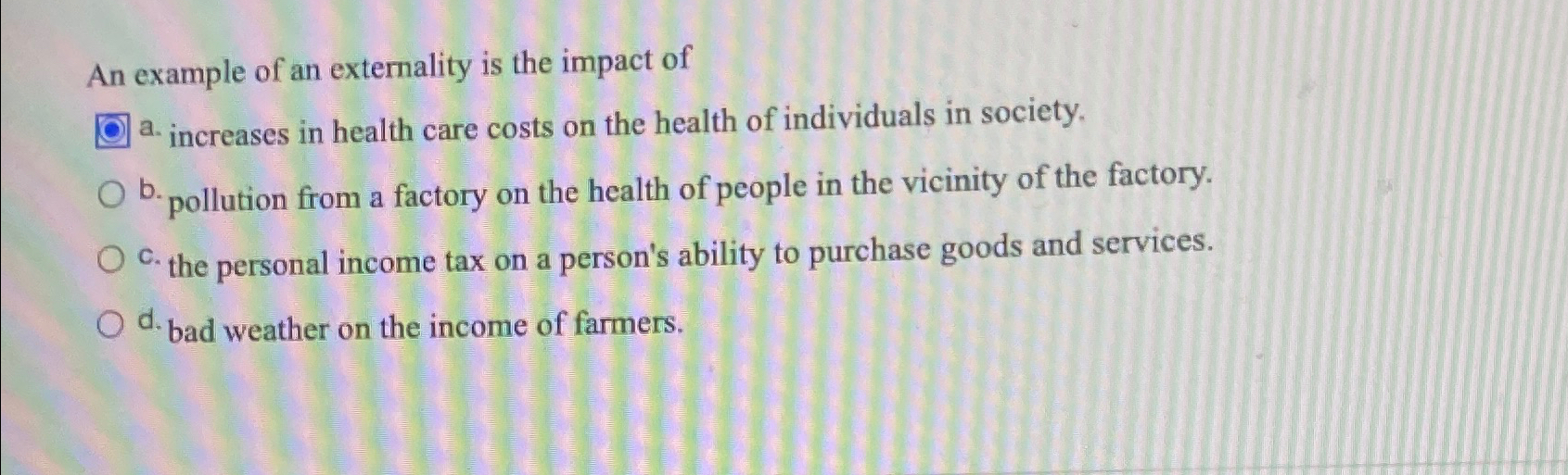 Solved An example of an externality is the impact ofa. | Chegg.com