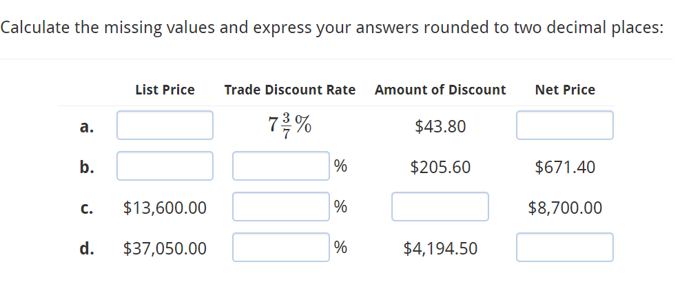 Solved Calculate the missing values and express your answers | Chegg.com