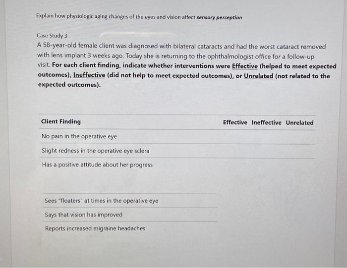 Solved Explain how physiologic aging changes of the eyes and | Chegg.com