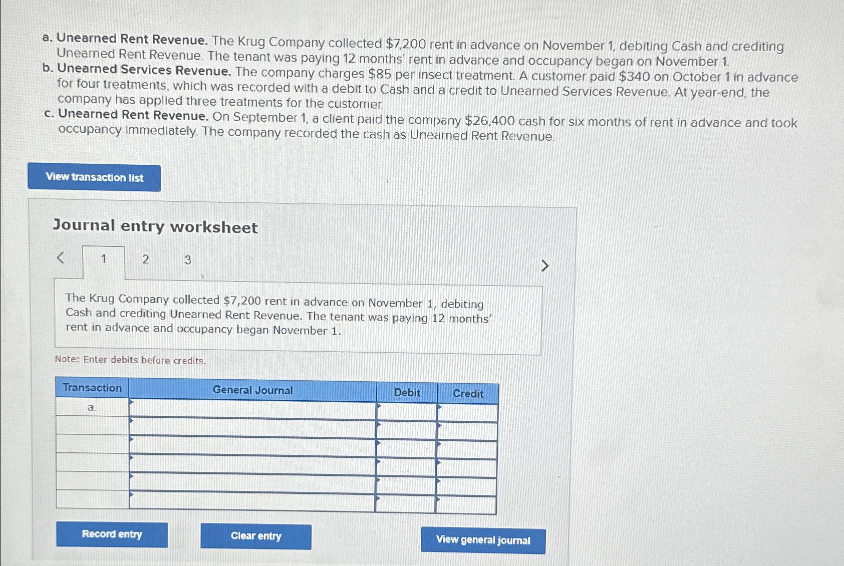 Solved a. ﻿Unearned Rent Revenue. The Krug Company collected | Chegg.com