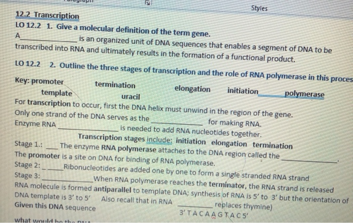 Solved Styles 12.2 Transcription LO 12.2 1. Give a molecular | Chegg.com