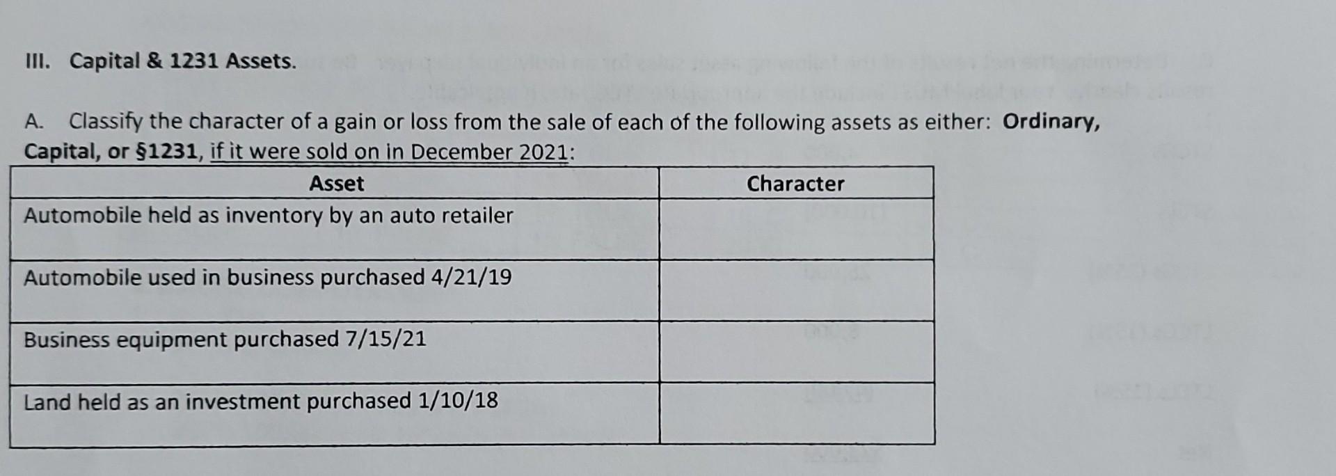 III. Capital & 1231 Assets. A. Classify the character | Chegg.com