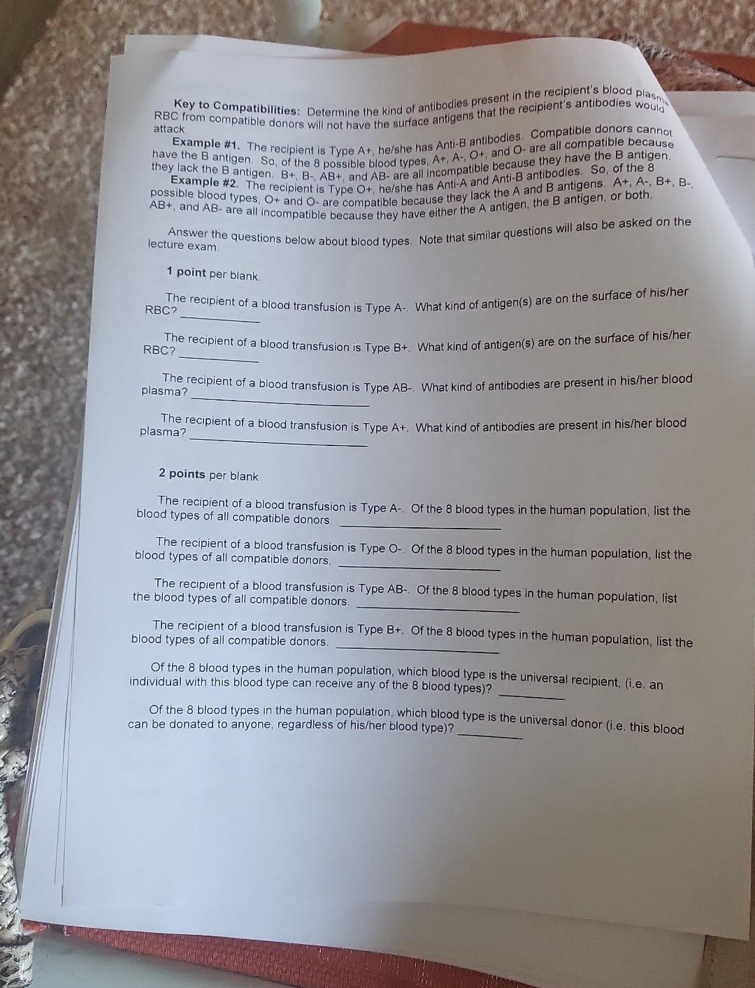 Solved 2 points per blank The recipient of a blood | Chegg.com