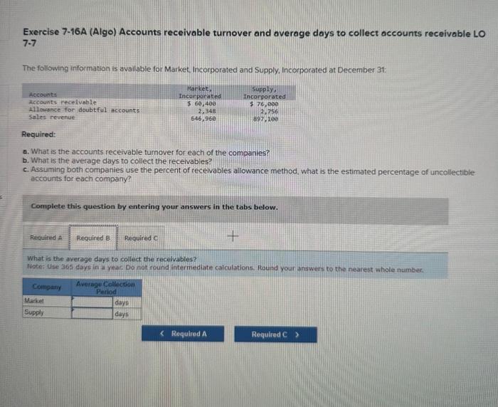 Solved Exercise 7.16A (Algo) Accounts receivable turnover | Chegg.com