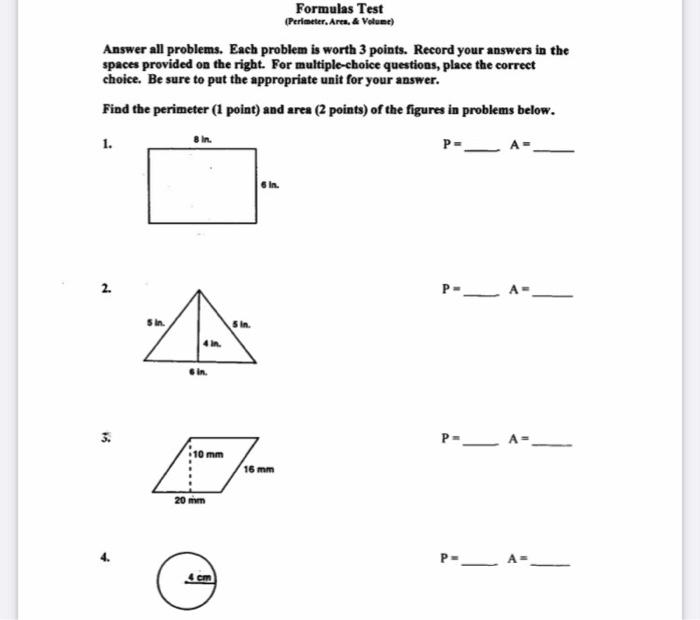 Solved Formulas Test Perimeter, Area, & Volume) Answer all | Chegg.com