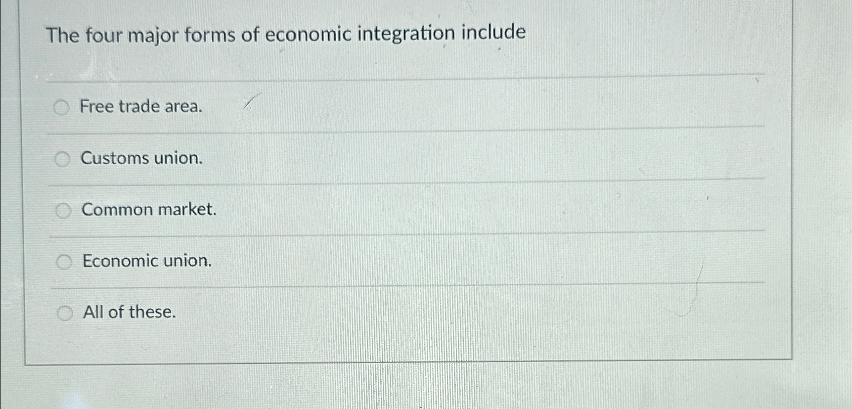 Solved The four major forms of economic integration | Chegg.com