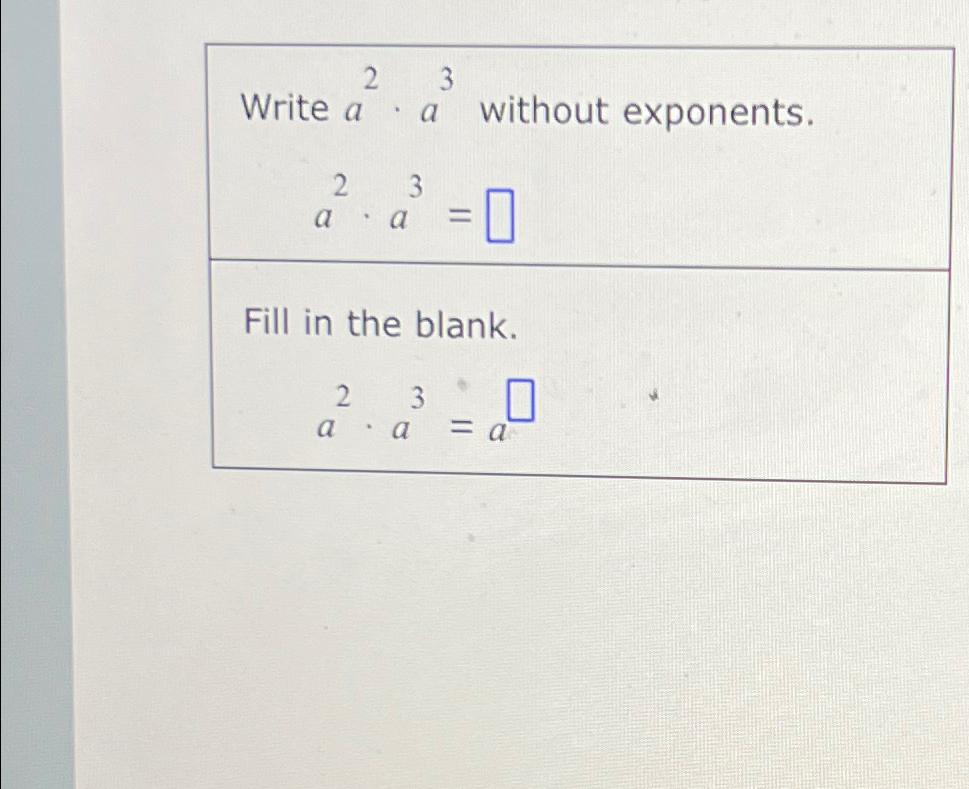 Solved Write a2*a3 ﻿without exponents.a2*a3=Fill in the | Chegg.com
