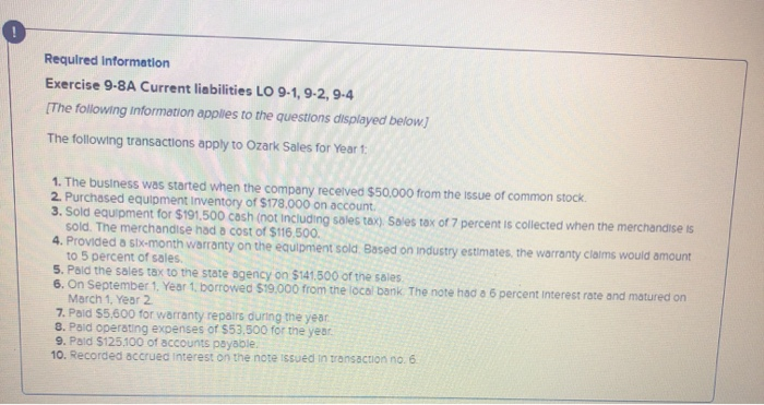 Solved Required Information Exercise 9-8A Current | Chegg.com