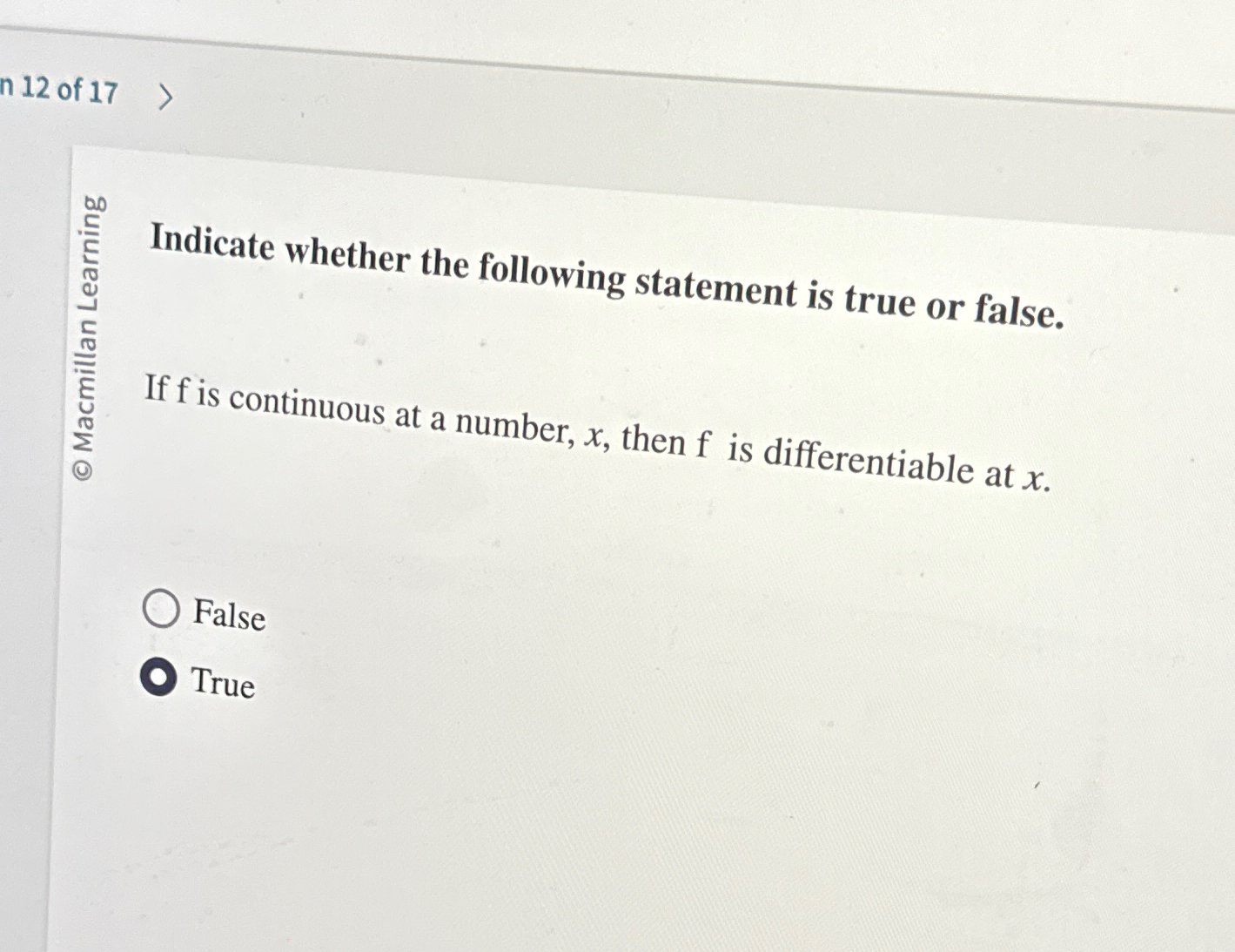 Solved n 12 ﻿of 17Indicate whether the following statement | Chegg.com
