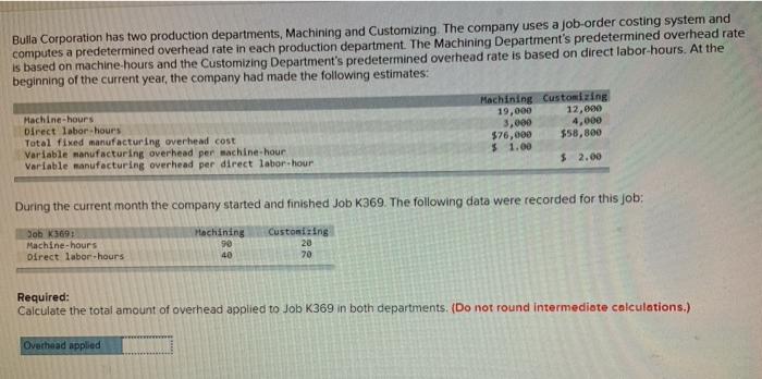 Solved Bulla Corporation has two production departments, | Chegg.com