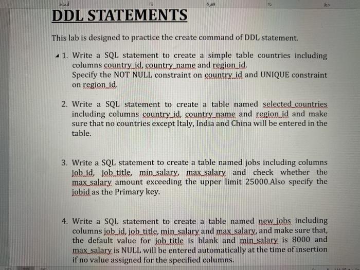 Solved DDL STATEMENTS This lab is designed to practice the | Chegg.com