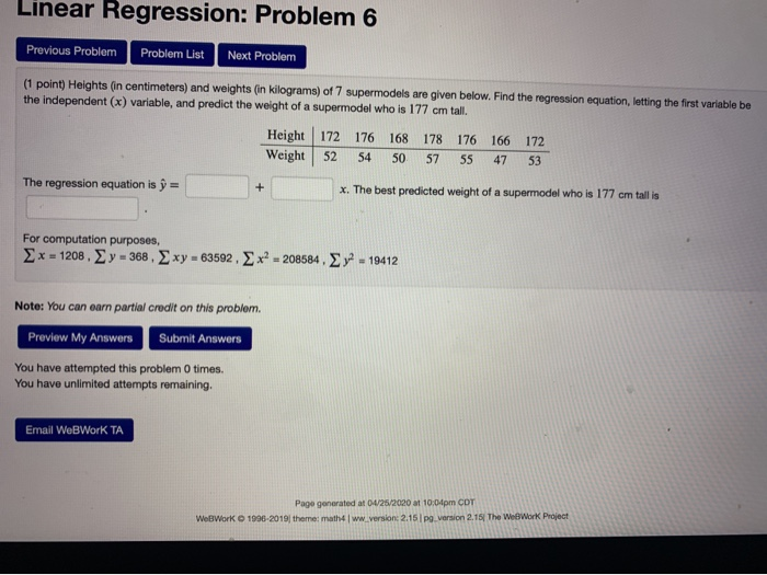 Solved Linear Regression: Problem 6 Previous Problem Problem | Chegg.com