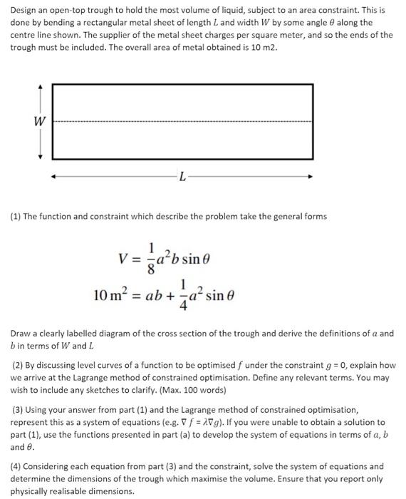 Solved Design an open-top trough to hold the most volume of | Chegg.com
