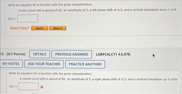 Solved Write an equation for a function with the given | Chegg.com