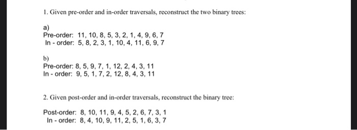 Solved 1. Given pre-order and in-order traversals, | Chegg.com