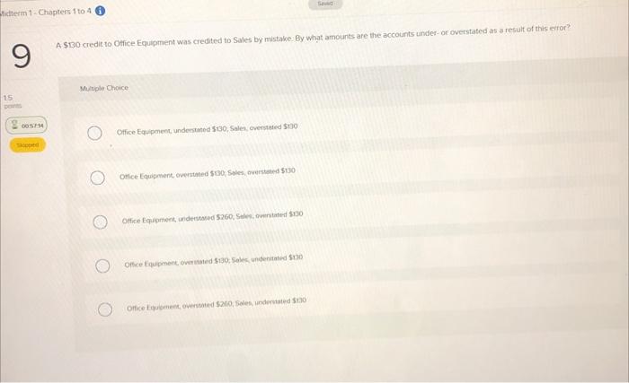 Solved Midterm 1- Chapters 1 to 4 i 9 1.5 points 00:57:14 | Chegg.com