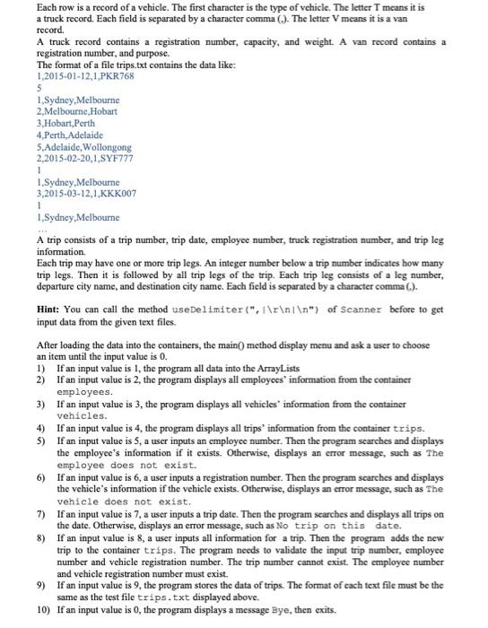 Solved Implement a Trip Management System using Java, with | Chegg.com