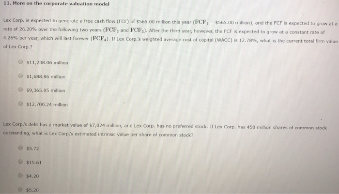Solved 11. More on the corporate valuation model Lex Corp. | Chegg.com