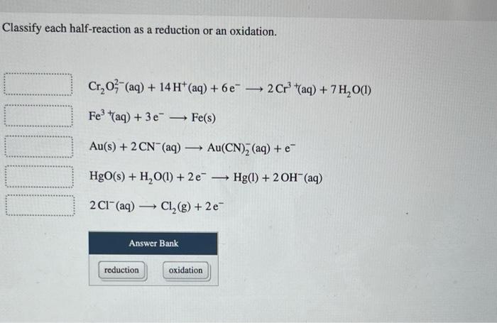 Solved Classify each half-reaction as a reduction or an | Chegg.com