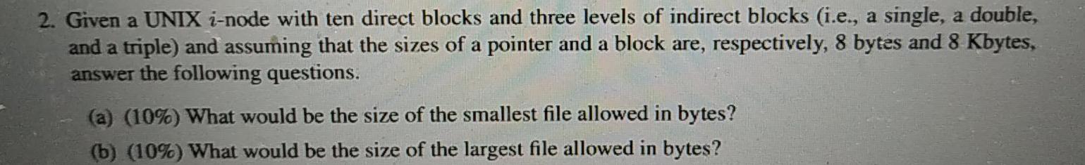 Solved 2 Given A Unix I Node With Ten Direct Blocks And