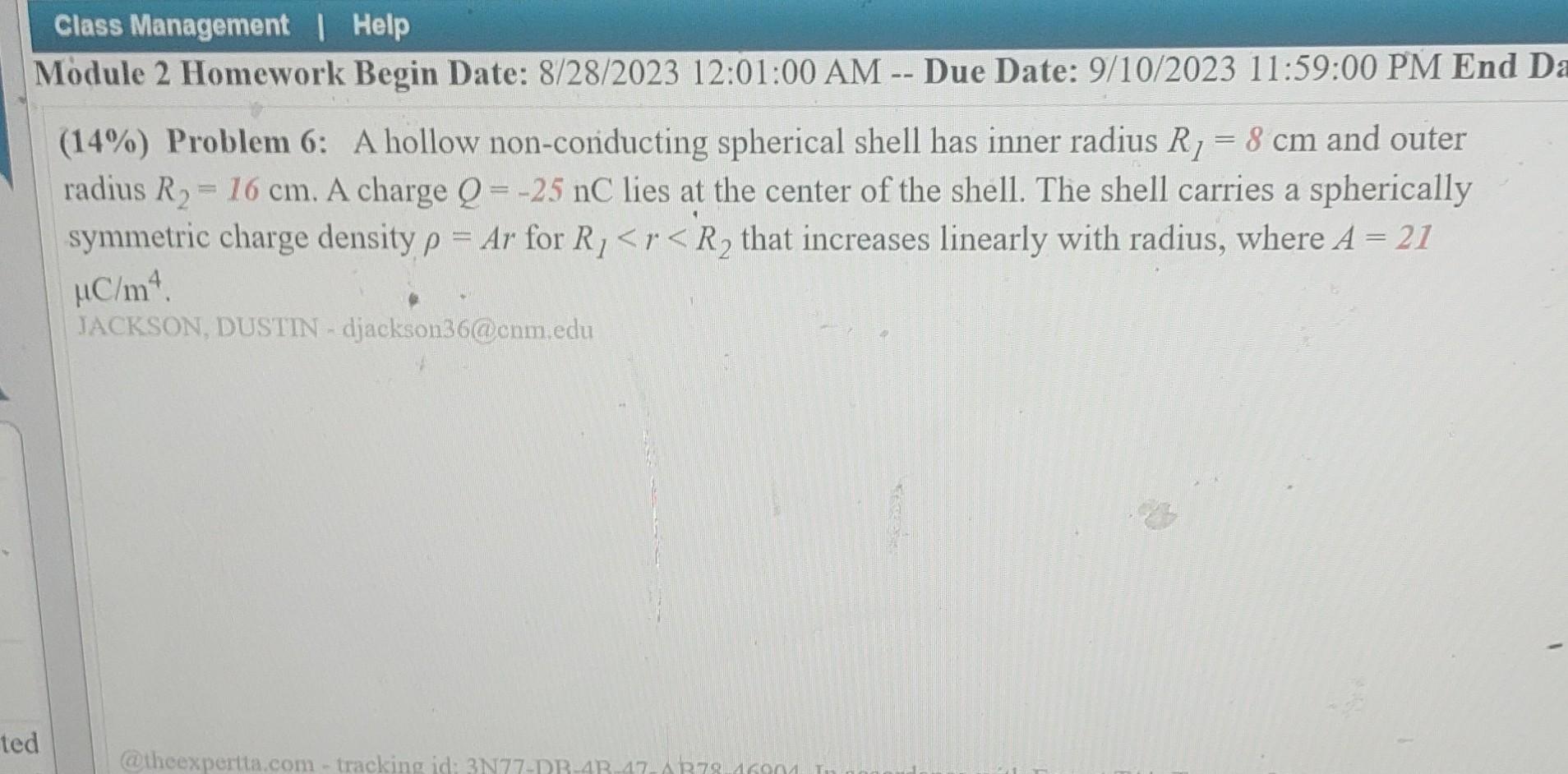 Solved (14\%) Problem 6: A hollow non-conducting spherical | Chegg.com