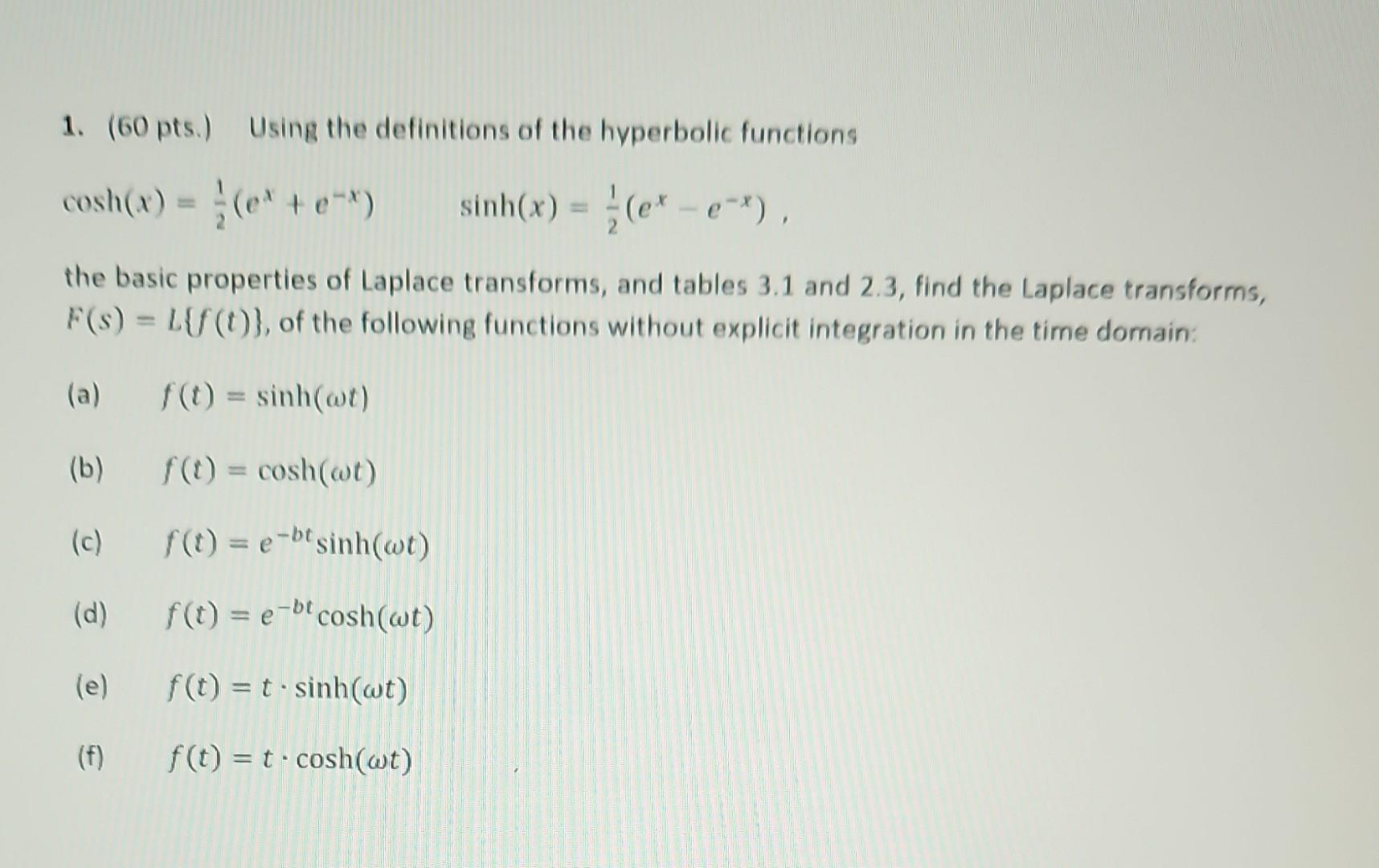 Solved 1. (60 pts.) Using the definitions of the hyperbolic | Chegg.com
