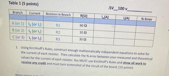 Table 1 (5 points) ΔV100v 1. Using Kirchhoff's Rules, | Chegg.com