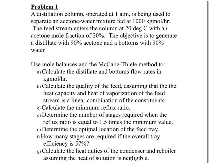 Solved Problem 1 A distillation column, operated at 1 atm, | Chegg.com