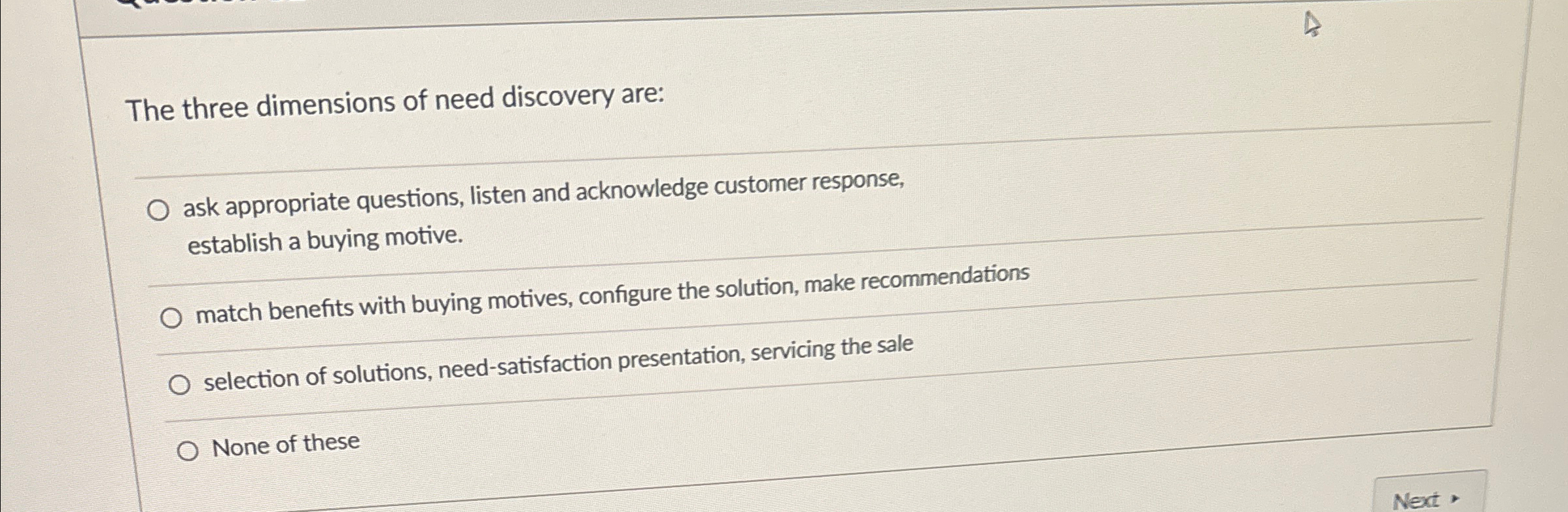 Solved The three dimensions of need discovery are:ask | Chegg.com