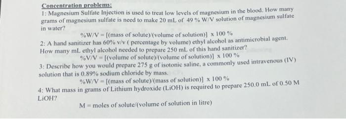 Solved Concentration problems: 1: Magnesium Sulfate | Chegg.com