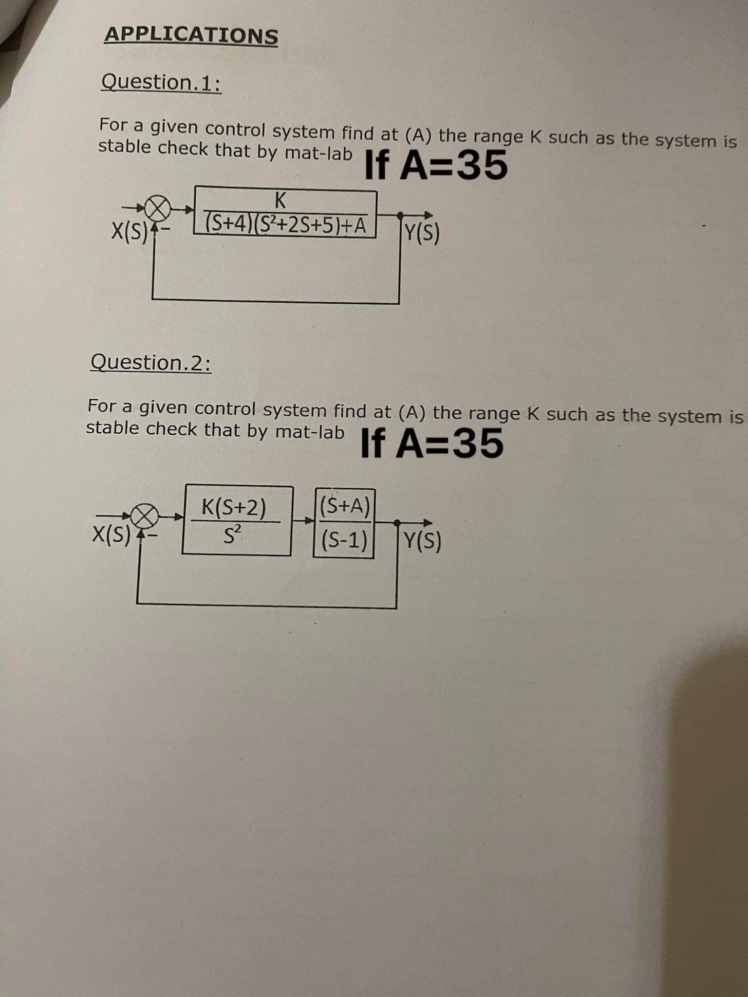APPLICATIONSQuestion. 1:For a given control system | Chegg.com