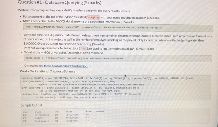 Solved Question #1 - Database Querying (5 marks) Write a | Chegg.com