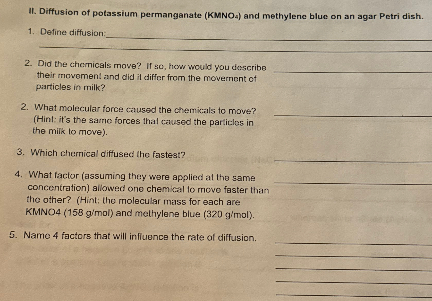 Solved II. ﻿Diffusion of potassium permanganate (KMNO4) ﻿and | Chegg.com