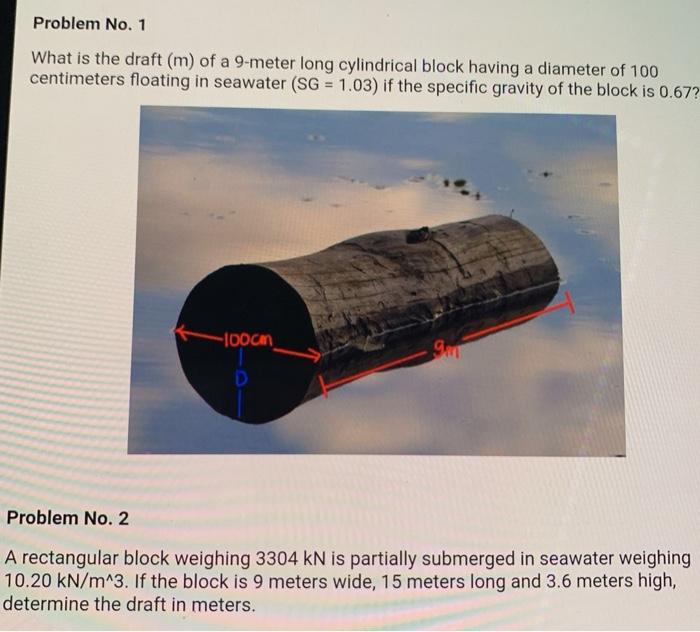 Solved Problem No. 1 What is the draft (m) of a 9-meter long | Chegg.com