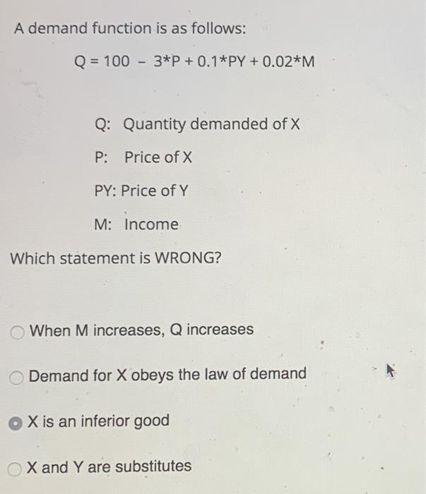 Solved A demand function is as follows: Q = 100 - 3*P + | Chegg.com