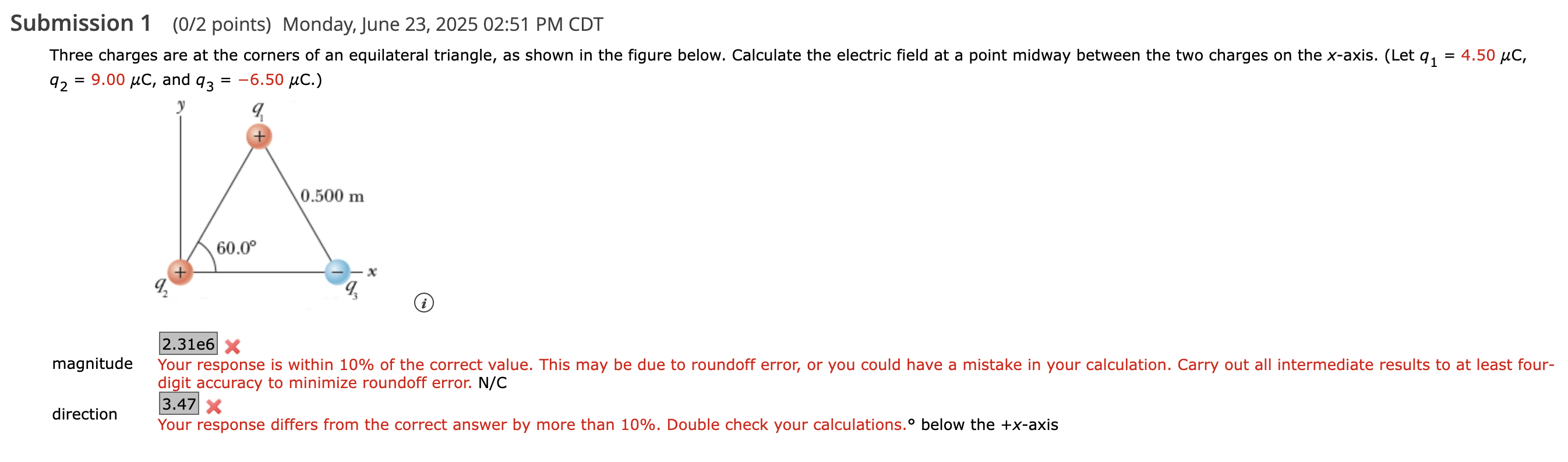 Solved Three charges are at ﻿the corners of an ﻿equilateral | Chegg.com