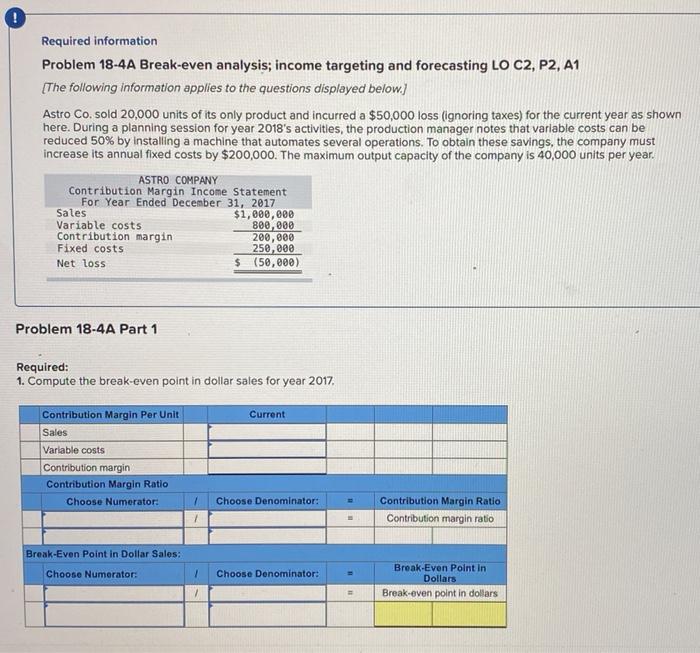 Solved Required information Problem 18-4A Break-even | Chegg.com