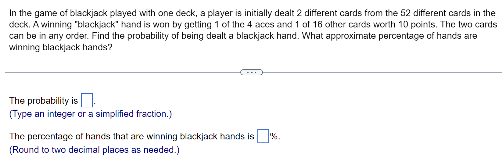 Solved In the game of blackjack played with one deck, a | Chegg.com