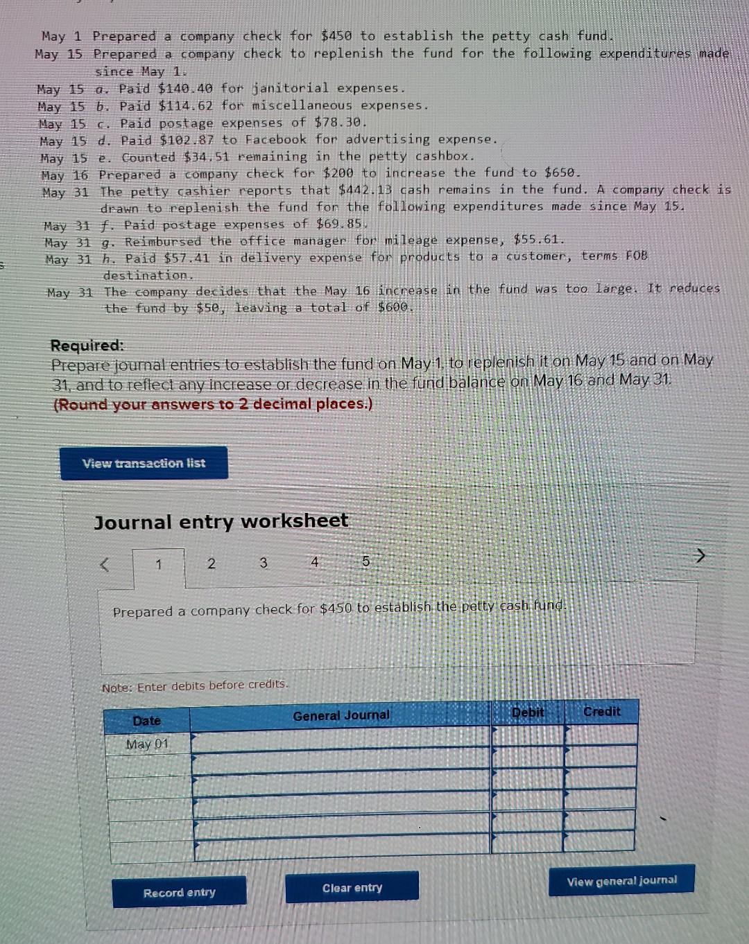 Solved May 1 Prepared a company check for $450 to establish | Chegg.com