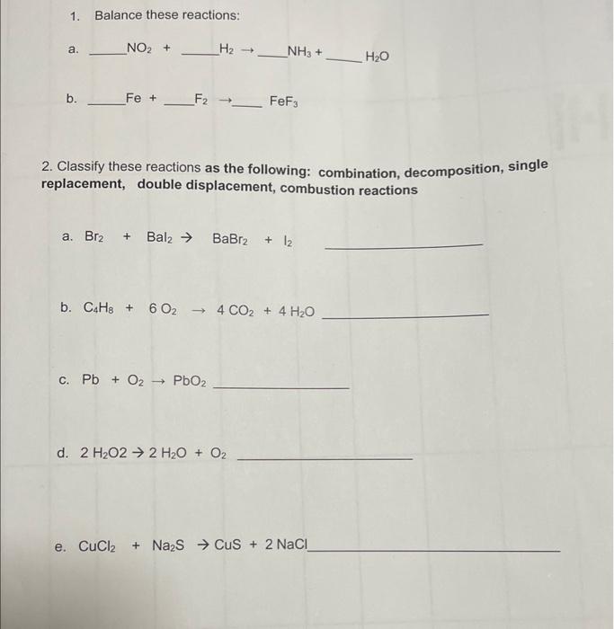 Solved 1. Balance these reactions: a. NO2+H2→NH3+H2O b. | Chegg.com