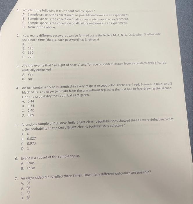 Solved 1. Which of the following is true about sample space? | Chegg.com