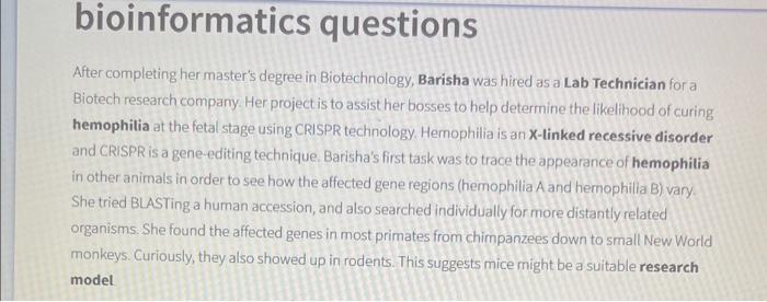 Solved bioinformatics questions After completing her | Chegg.com