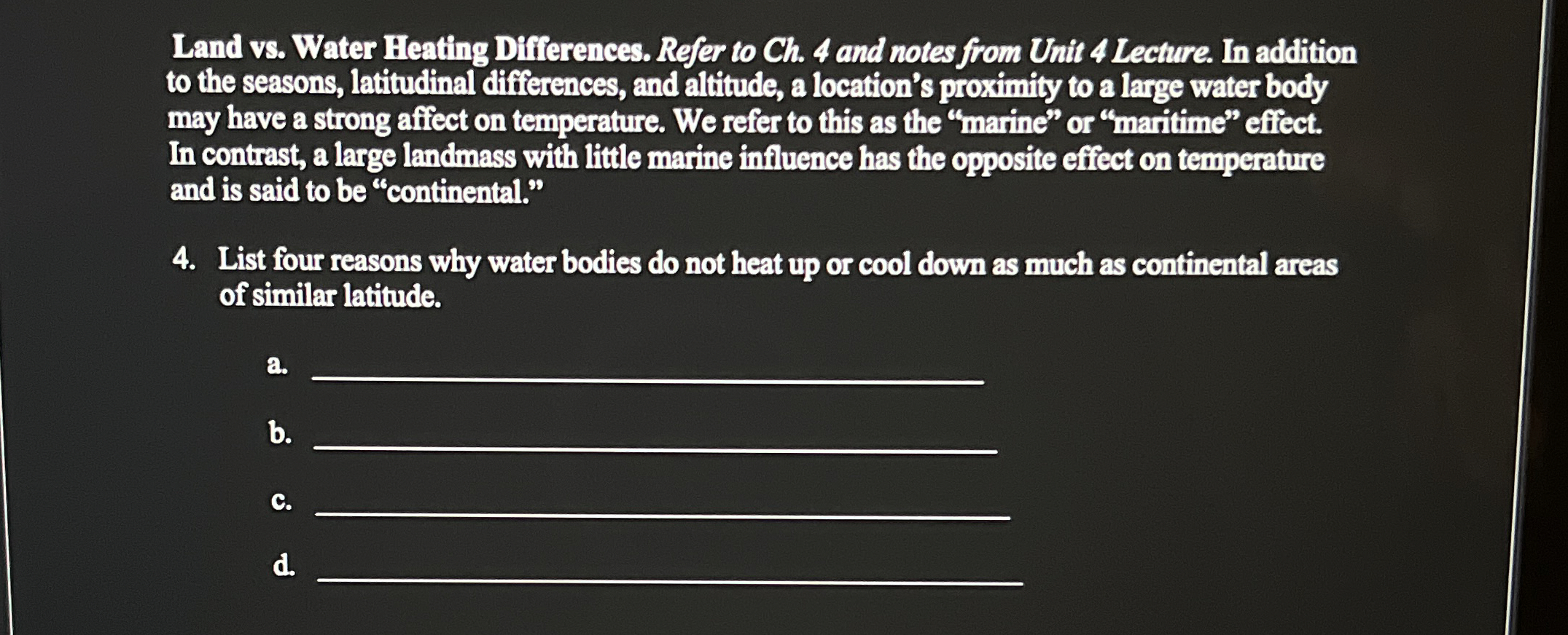 Solved Land vs. ﻿Water Heating Differences. Refer to Ch. 4 | Chegg.com