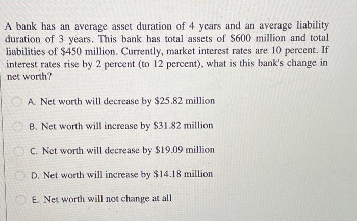 Solved A bank has an average asset duration of 4 years and | Chegg.com