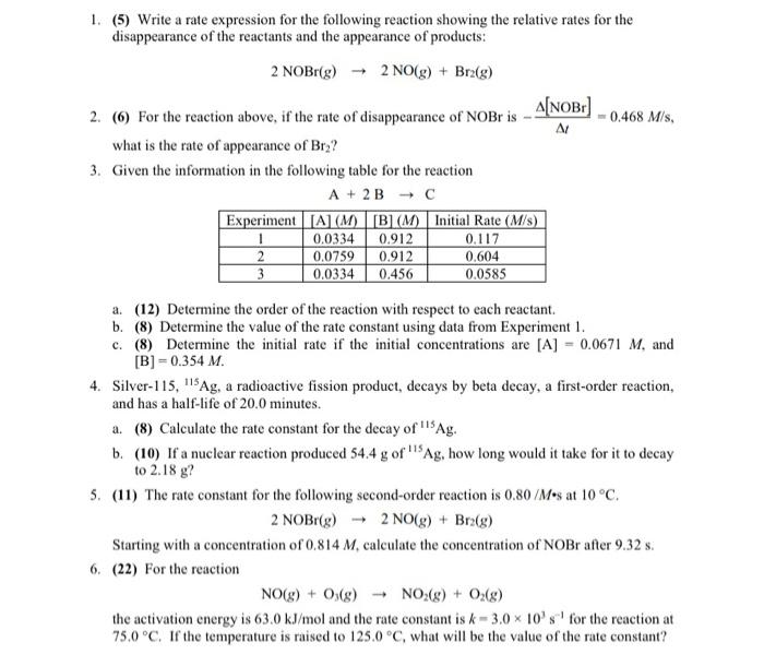 Solved 1. (5) Write a rate expression for the following | Chegg.com