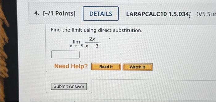 Solved Find the limit using direct substitution. [ lim _{x | Chegg.com